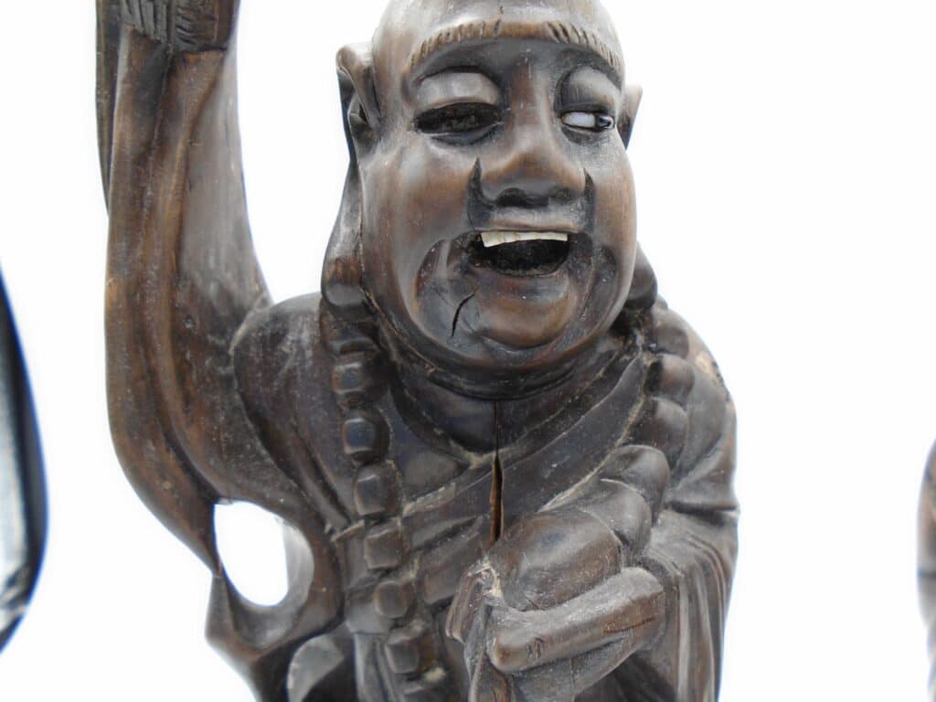 Two Antique Wood Carved Chinese Monks With Bone Eyes & Teeth