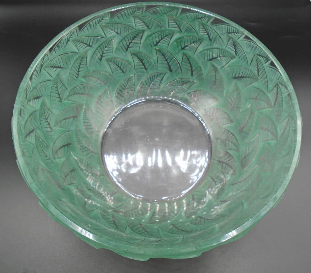 Rene Lalique Art Deco Ormeaux Deep Green Glass Bowl